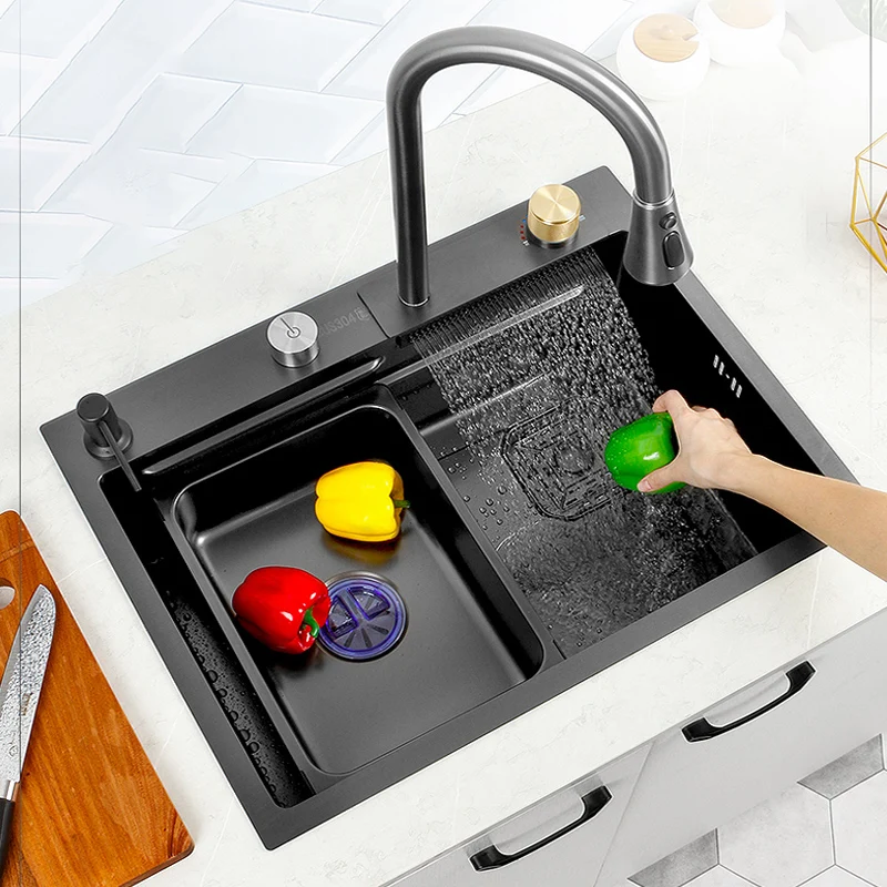 Black-Nano-Kitchen-Sink-304-Stainless-Steel-Waterfall-Sink-Basin-Large ...