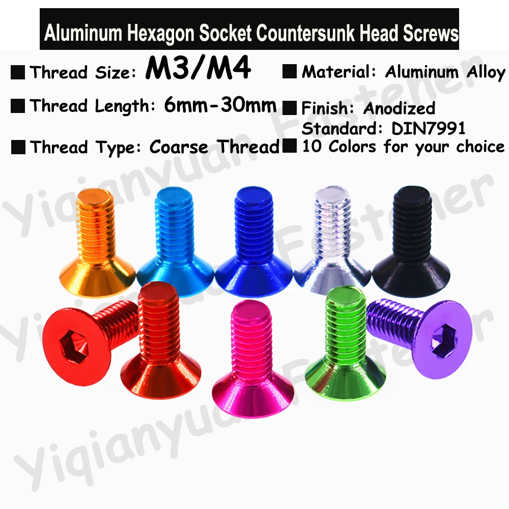 3Pcs-5Pcs-M3-M4-DIN7991-Colourful-Aluminum-Hexagon-Socket-Countersunk ...