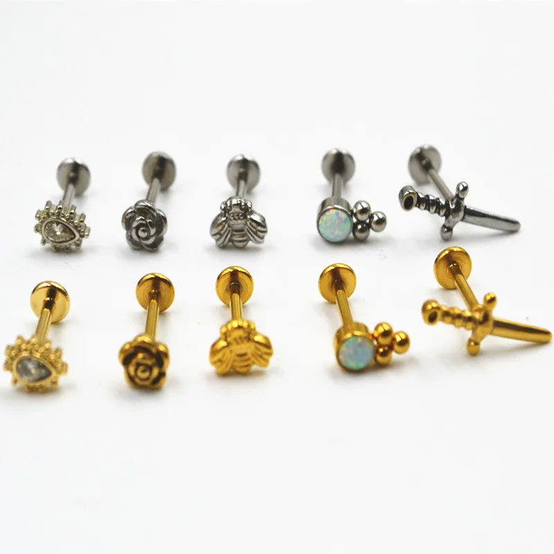 50Pcs-Body-Piercing-jewelry-16G-Opal-Bee-Rose-Shape-Lip-Bar-Labret-Stud ...