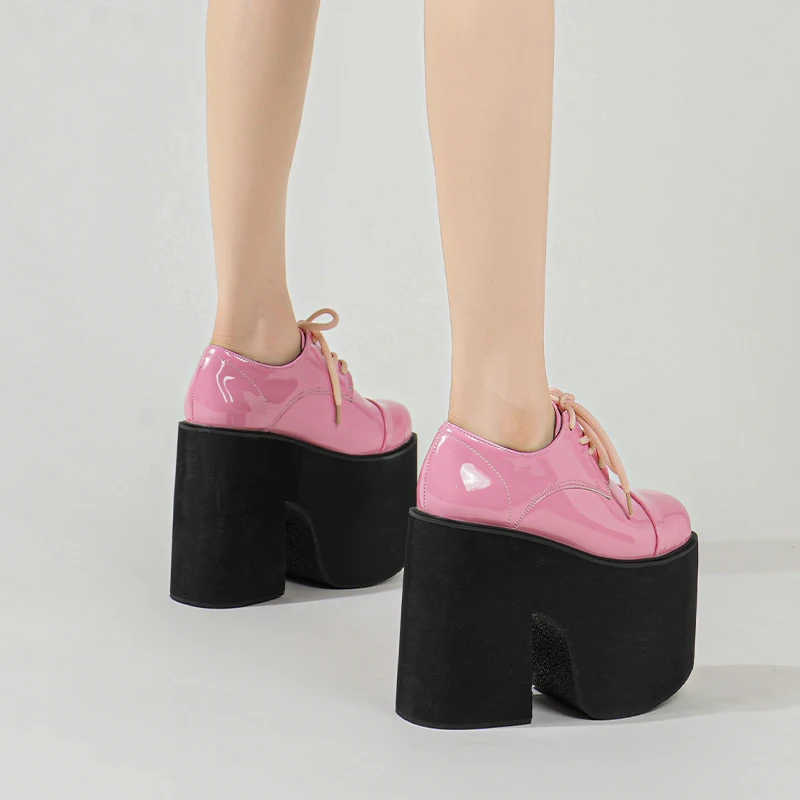13cm-Chunky-Shoes-Pink-Boots-Round-Toe-Patent-Leather-Ankle-Boots-For ...