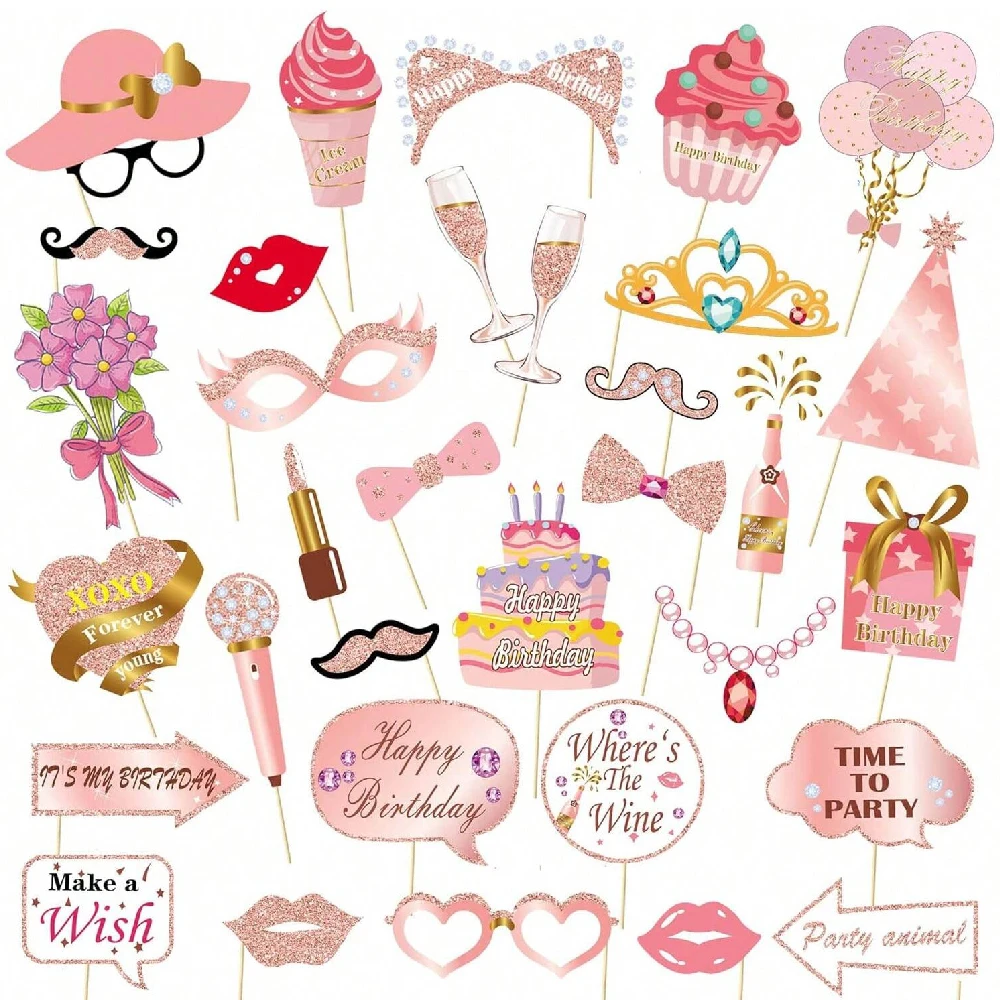 1-Set-Happy-Birthday-Photo-Booth-Props-Rose-Gold-Selfie-Prop-with-Stick ...