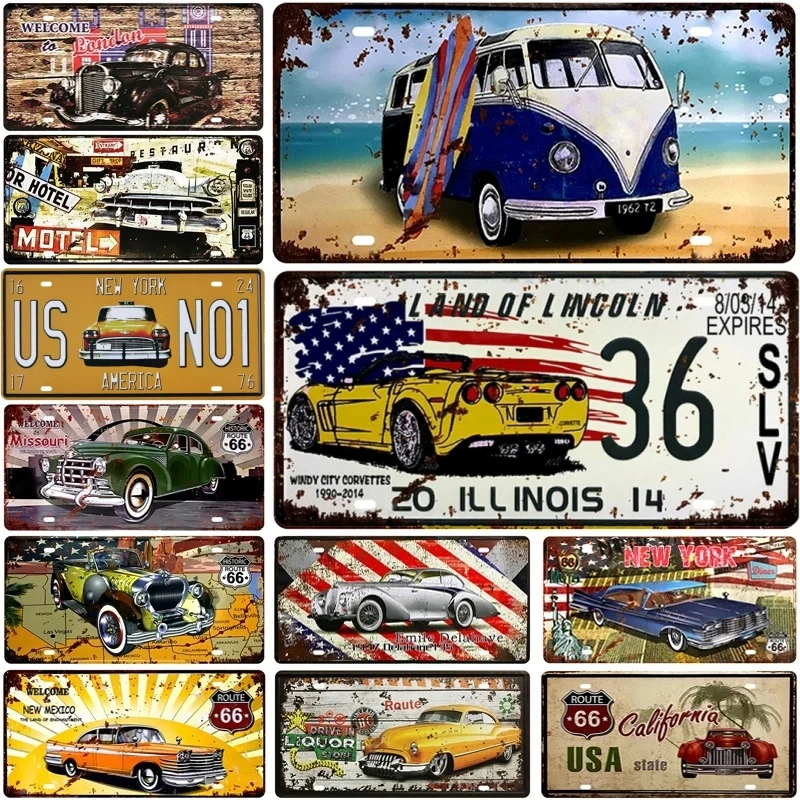 Retro-Pin-Up-Metal-Tin-Signs-Rusted-Style-Bus-Car-Car-License-Plate ...