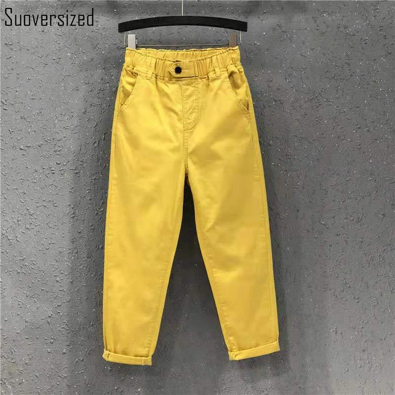 Yellow-Baggy-Ankle-Length-Harem-Jeans-Casual-Elastic-High-Waist ...