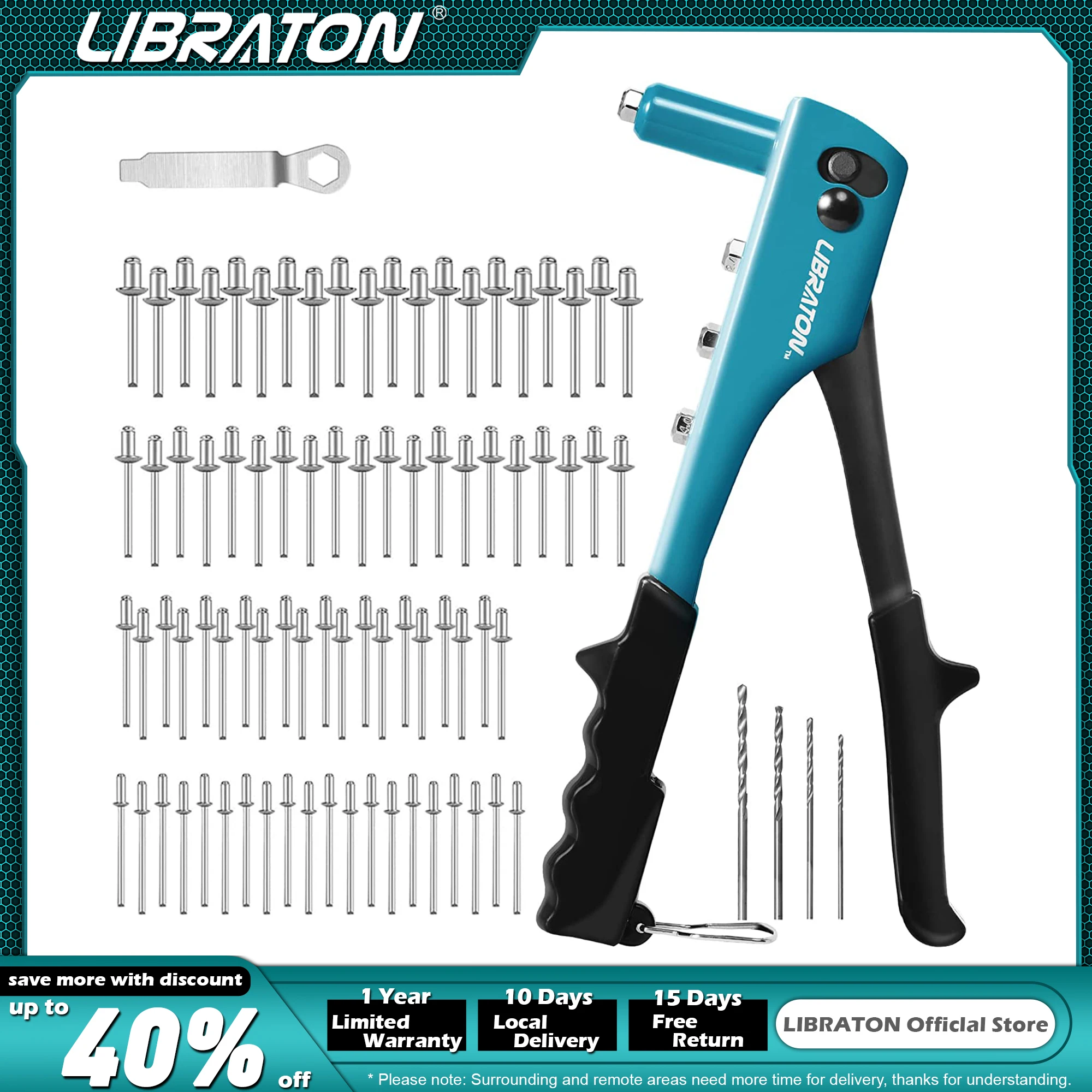 Libraton Rivet Gun Kit, 80PCs Metal Rivets, 4 Drill Bits, Heavy Duty ...