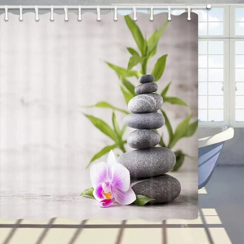 Green-Bamboo-Zen-Shower-Curtains-Set-Spa-Stones-and-Orchids-Flowers ...