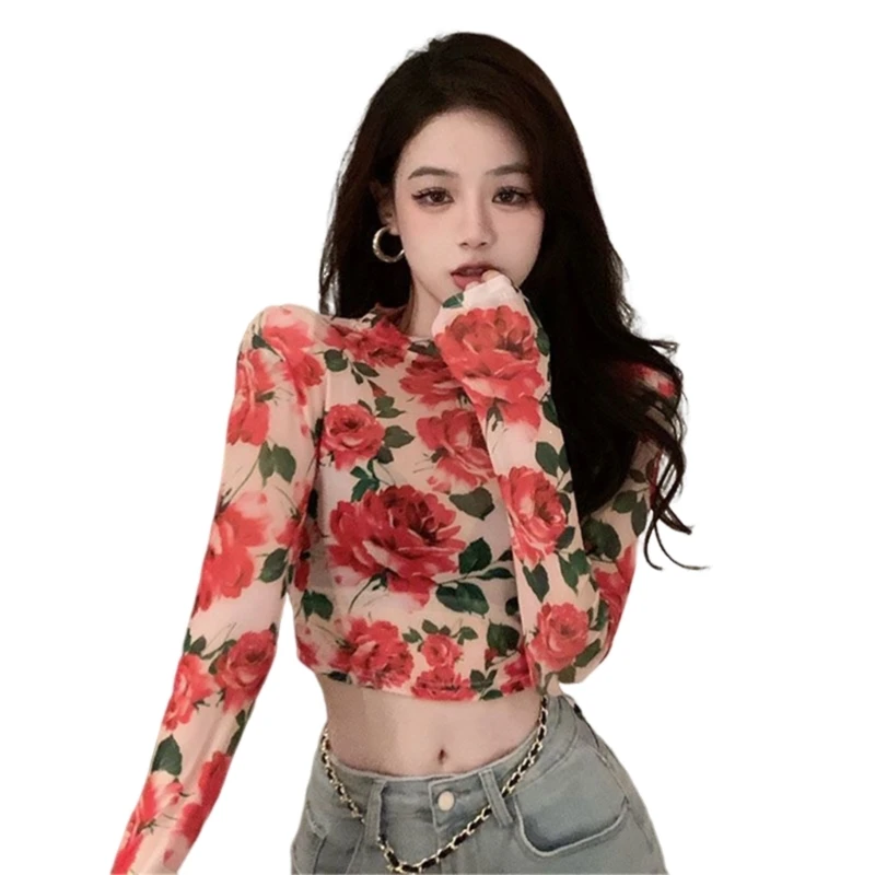Womens-Korean-Long-Sleeve-Mock-Neck-See-Through-Mesh-T-Shirt-Rose ...