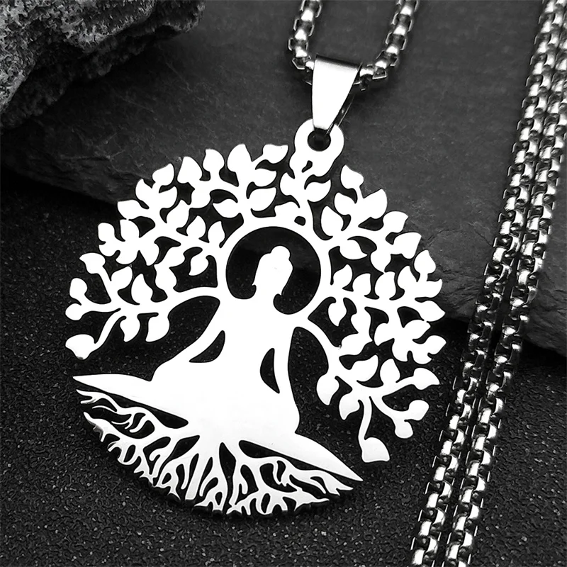 Buddhism Meditation Buddha Yoga Pendant Necklace Stainless Steel Tree ...