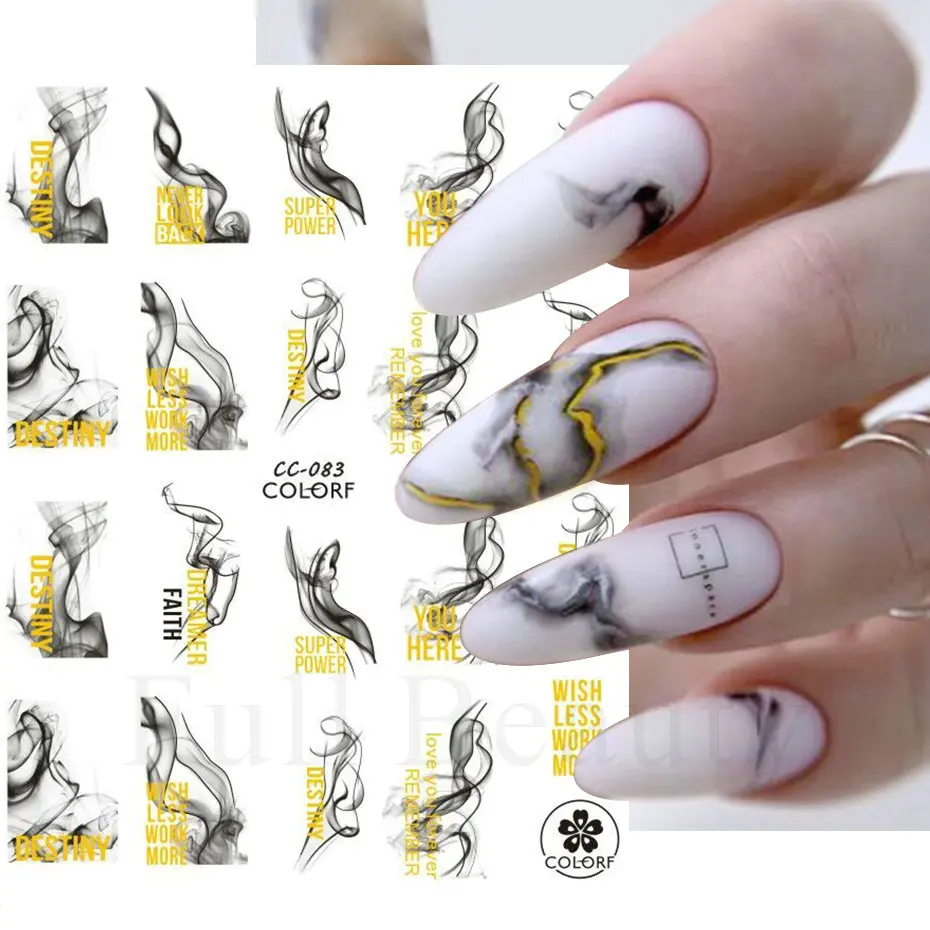 Blooming Ink Marble Decals 3d Nail Sticker Black Golden Slider For ...