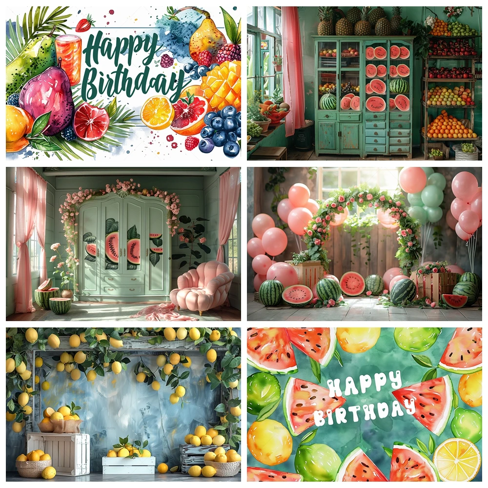Summer-Fruit-Photography-Backdrop-Custom-Watermelon-Lemon-Green-Plant ...