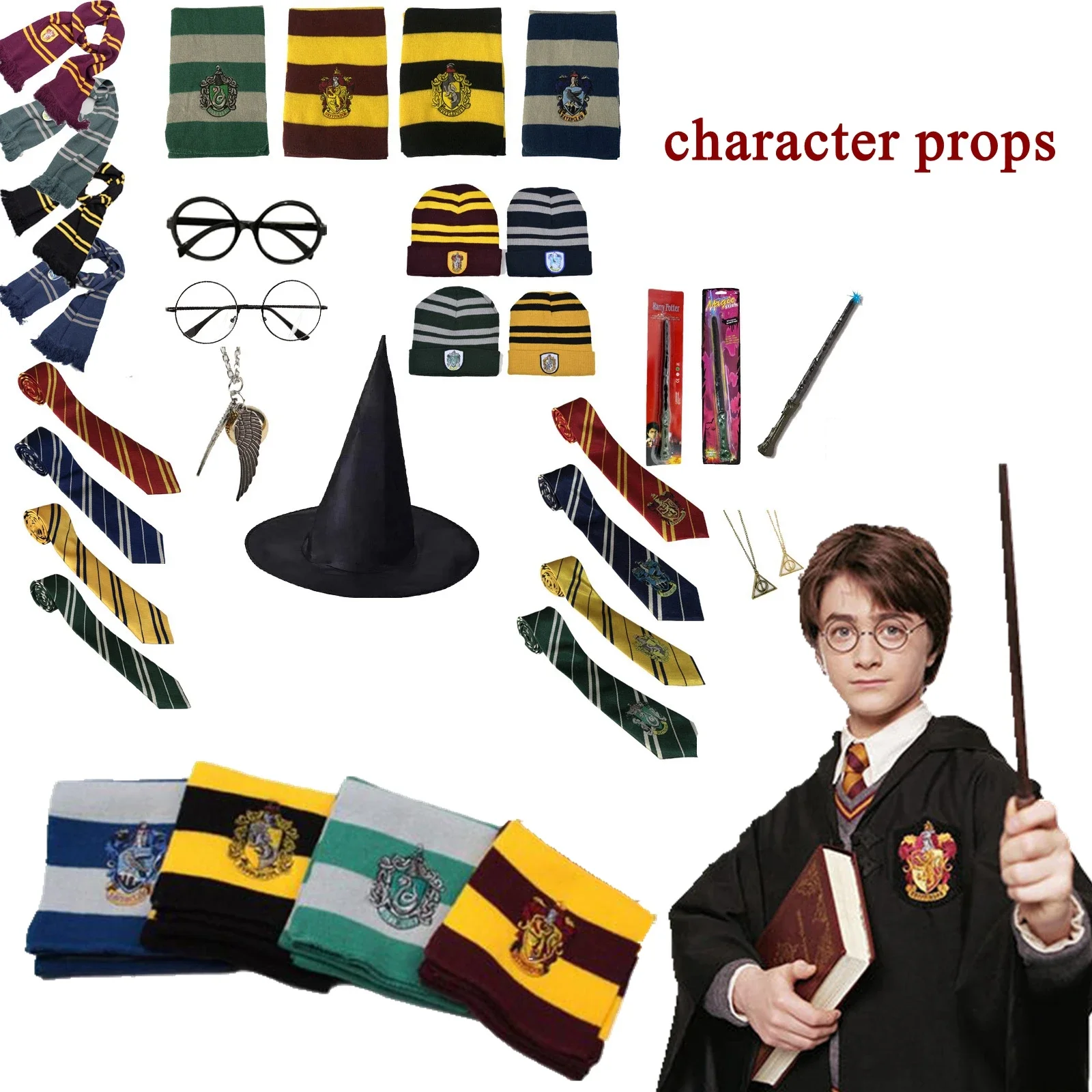 Harri-Potter-Scarf-Magic-Hat-Cosplay-Prop-Gryffindor-Wand-Necklace ...