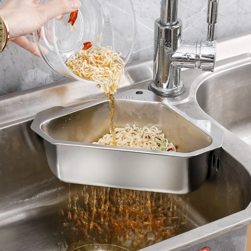 Kitchen-Sink-Drain-Basket-Stainless-Steel-Triangle-Food-Vegetables-Peel ...