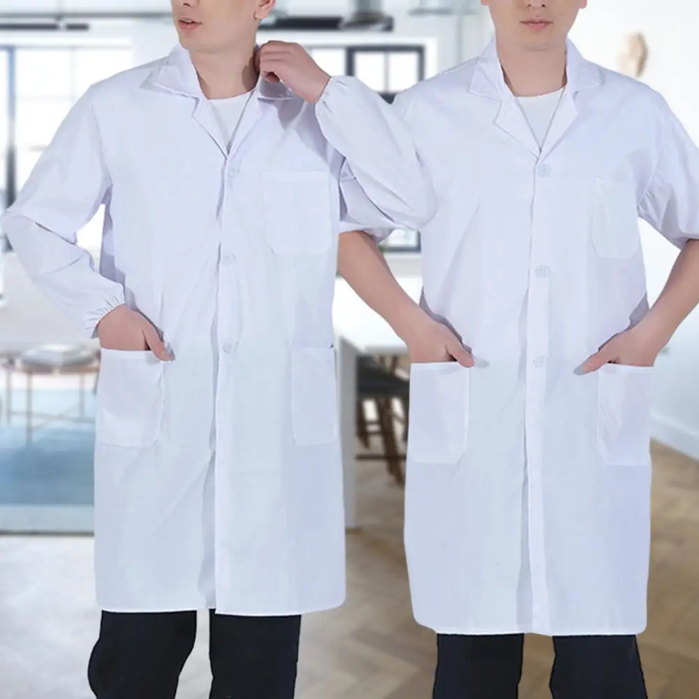 Lab-Coat-Lapel-Long-Short-Sleeve-White-Coat-Unisex-Pockets-Laboratory ...