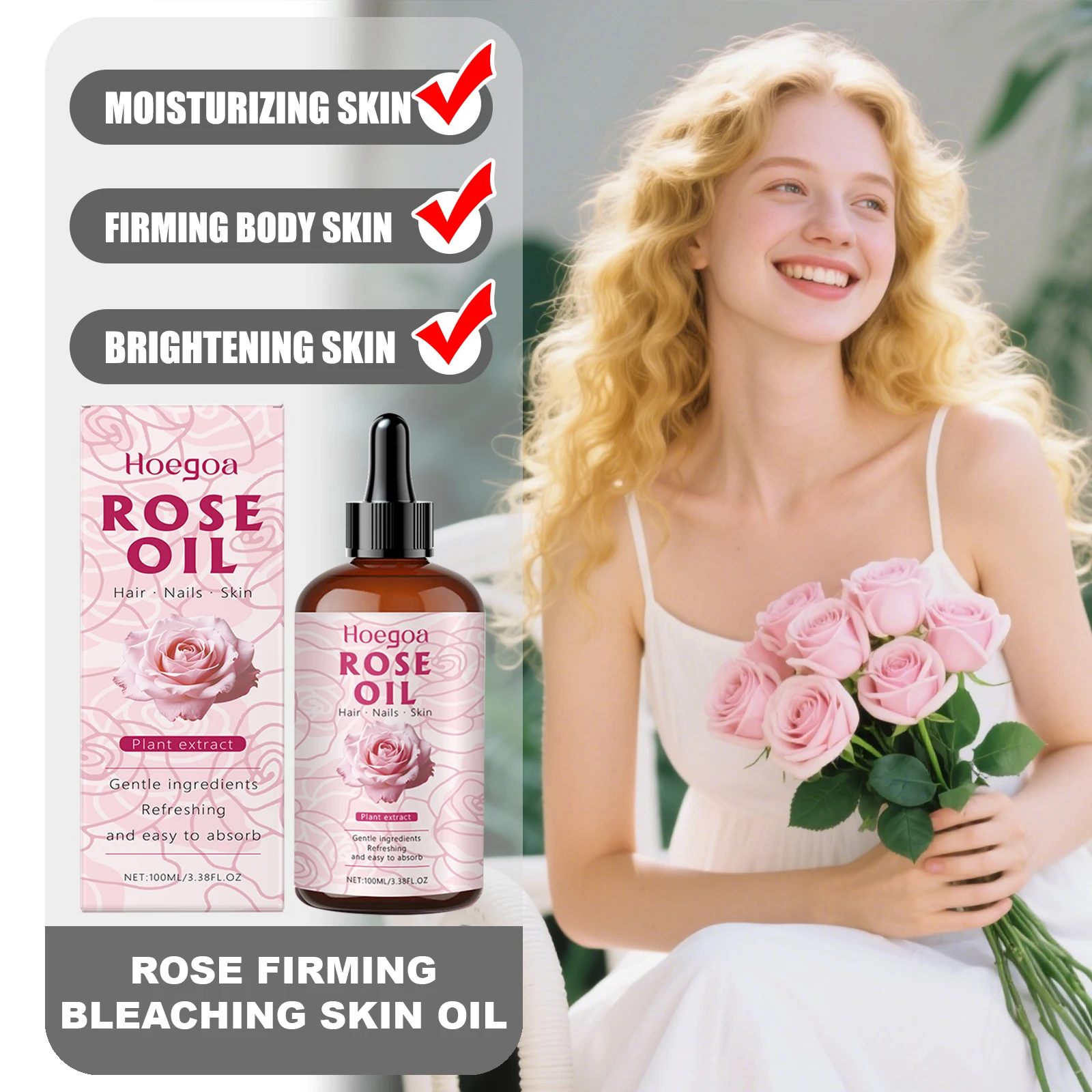 HOEGOA 100ml Rose Firming Bleaching Skin Essential Oil Hydration ...