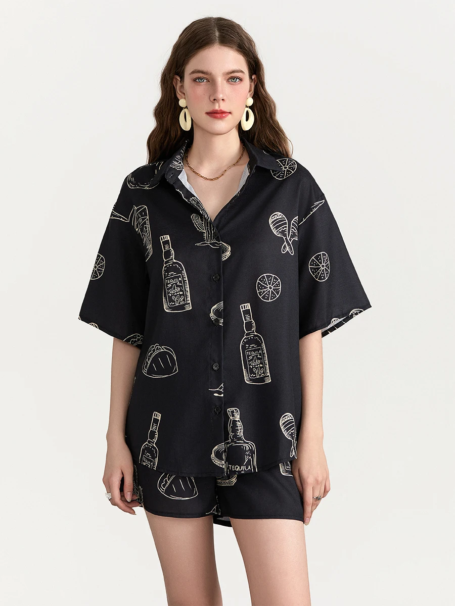 Womens-Button-Down-Pajamas-Set-Letter-Print-Short-Sleeve-Shirt-and ...