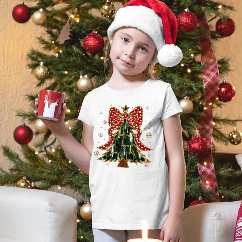 Christmas Tree Bow Printed Kids Shirt Girls Christmas Party Outfit Tee ...