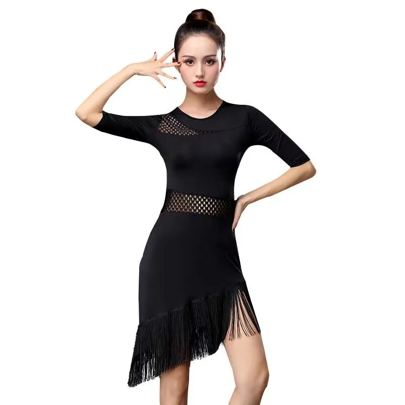 Latin Dance Dress Sexy Lace Mesh Tassel Dance Dress Women Salsa Tango ...