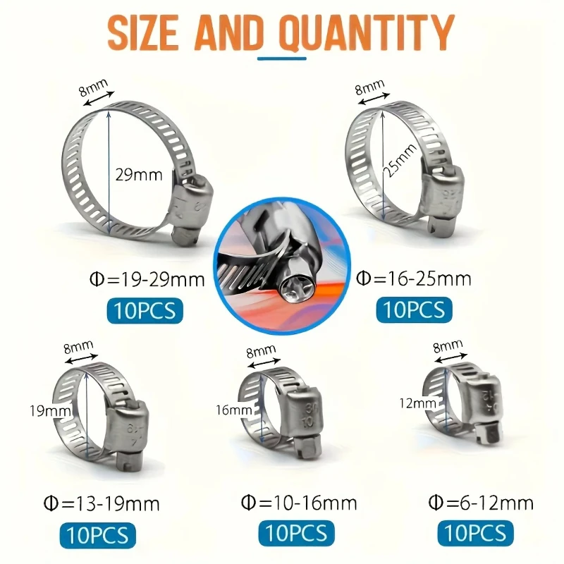 50 PCS Adjustable Hose Clamp Stainless Steel Pipe Clamp Fuel Clamp Worm ...