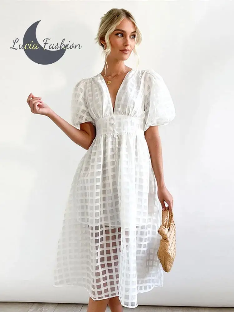 Puff Sleeve Elegant Prom Dress For Women Sumer New Hollow Out Deep V ...