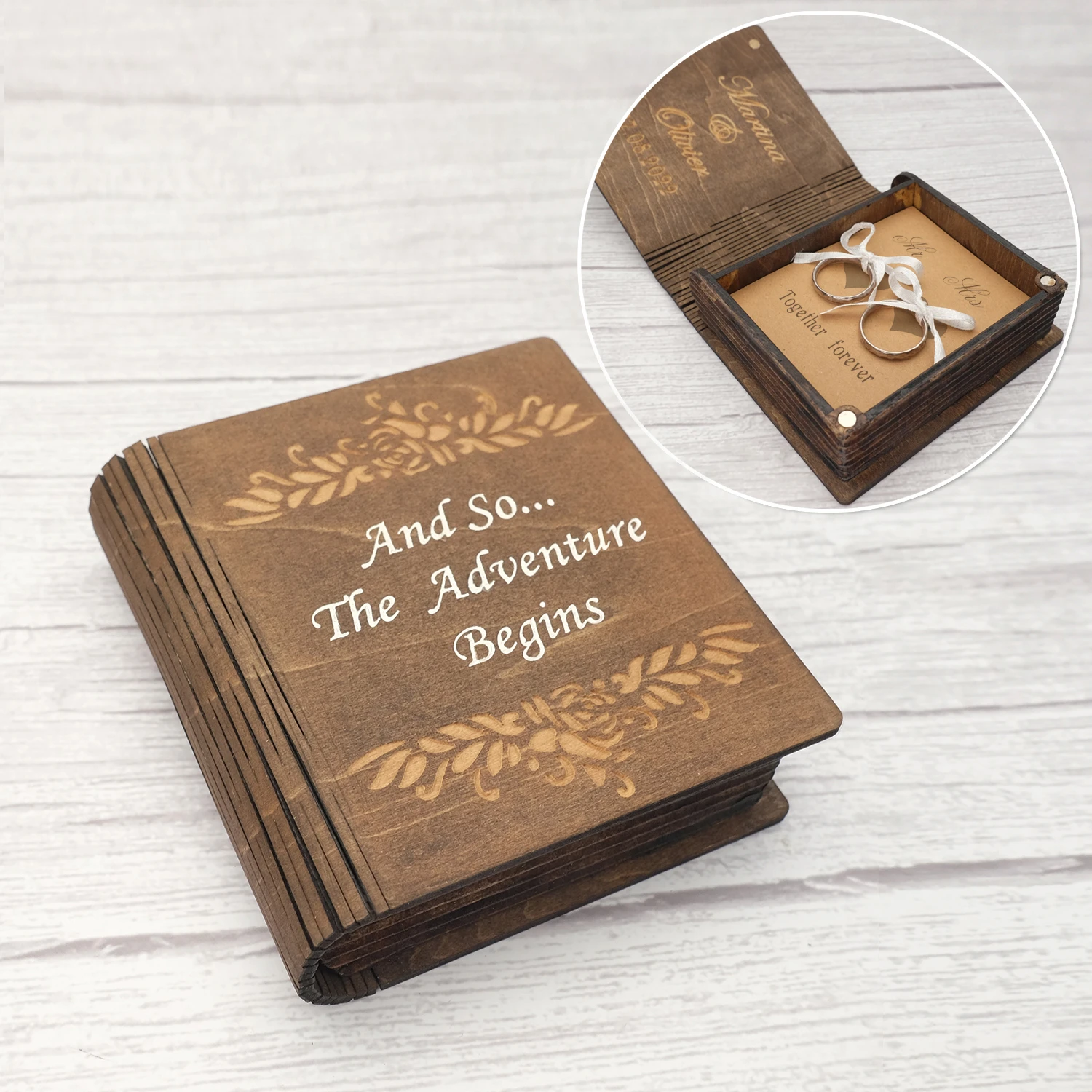 Personalised Wedding Ring Box Custom Book Box Rustic Wood Engagement ...