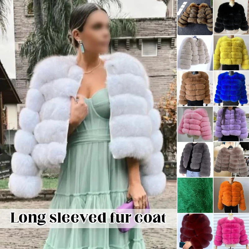 Women Faux Fur Crew Shaggy Jacket Collarless Winter Warm Cropped Top ...