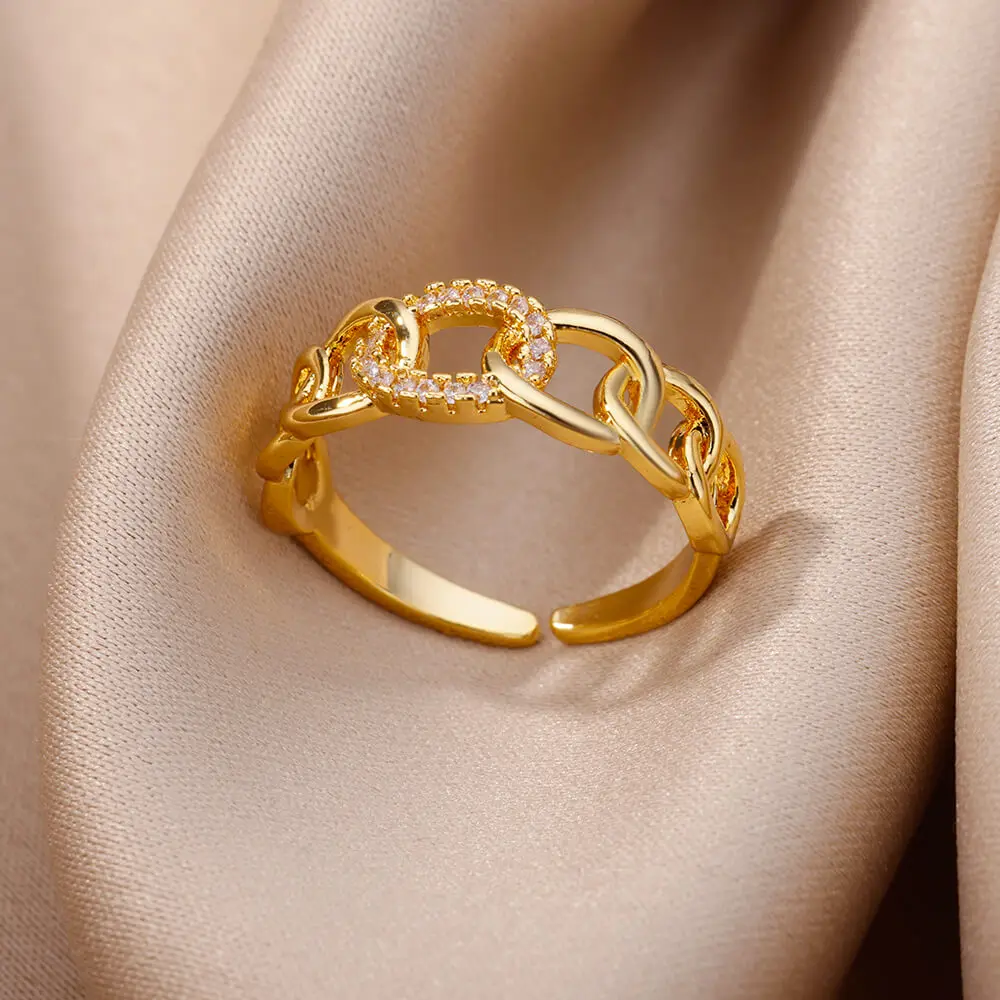 Simple-Zircon-Chain-Rings-For-Women-Gold-Color-Adjustable-Finger-Rings ...