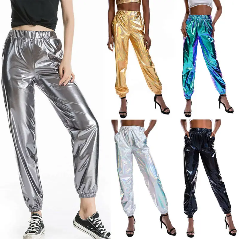 2024-Fashion-Metallic-Shiny-Jogger-Pants-Women-Harem-Hip-Hop-High ...