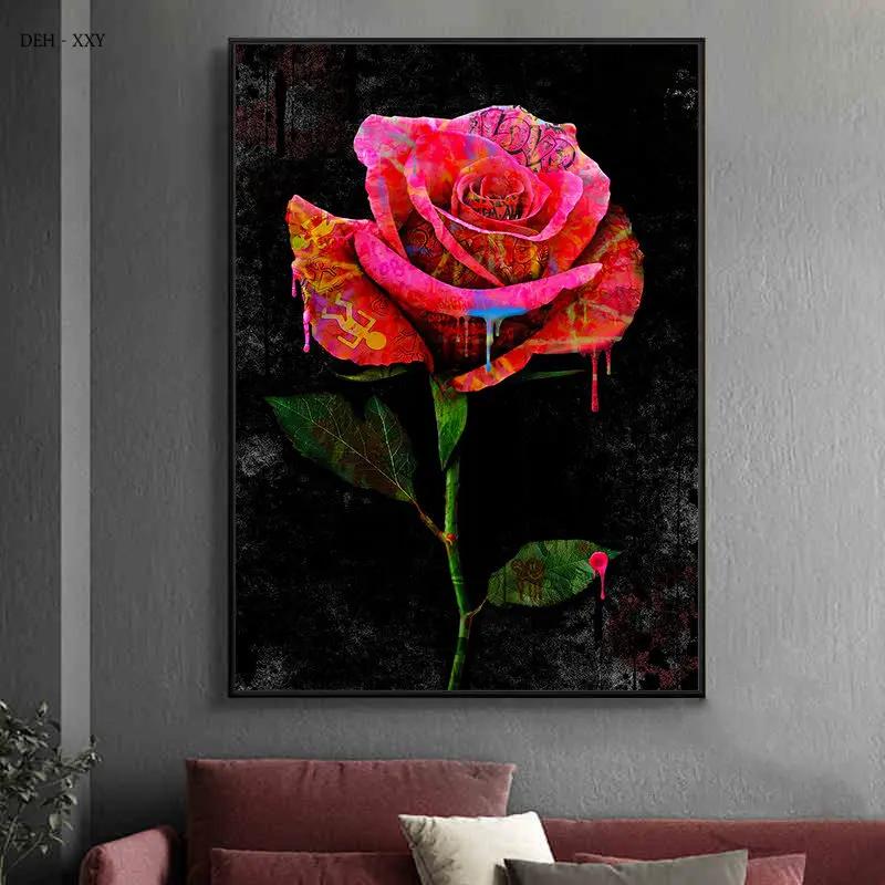 Abstract-Art-Drip-Rose-Canvas-Painting-Flower-Red-Rose-Graffiti-Posters ...