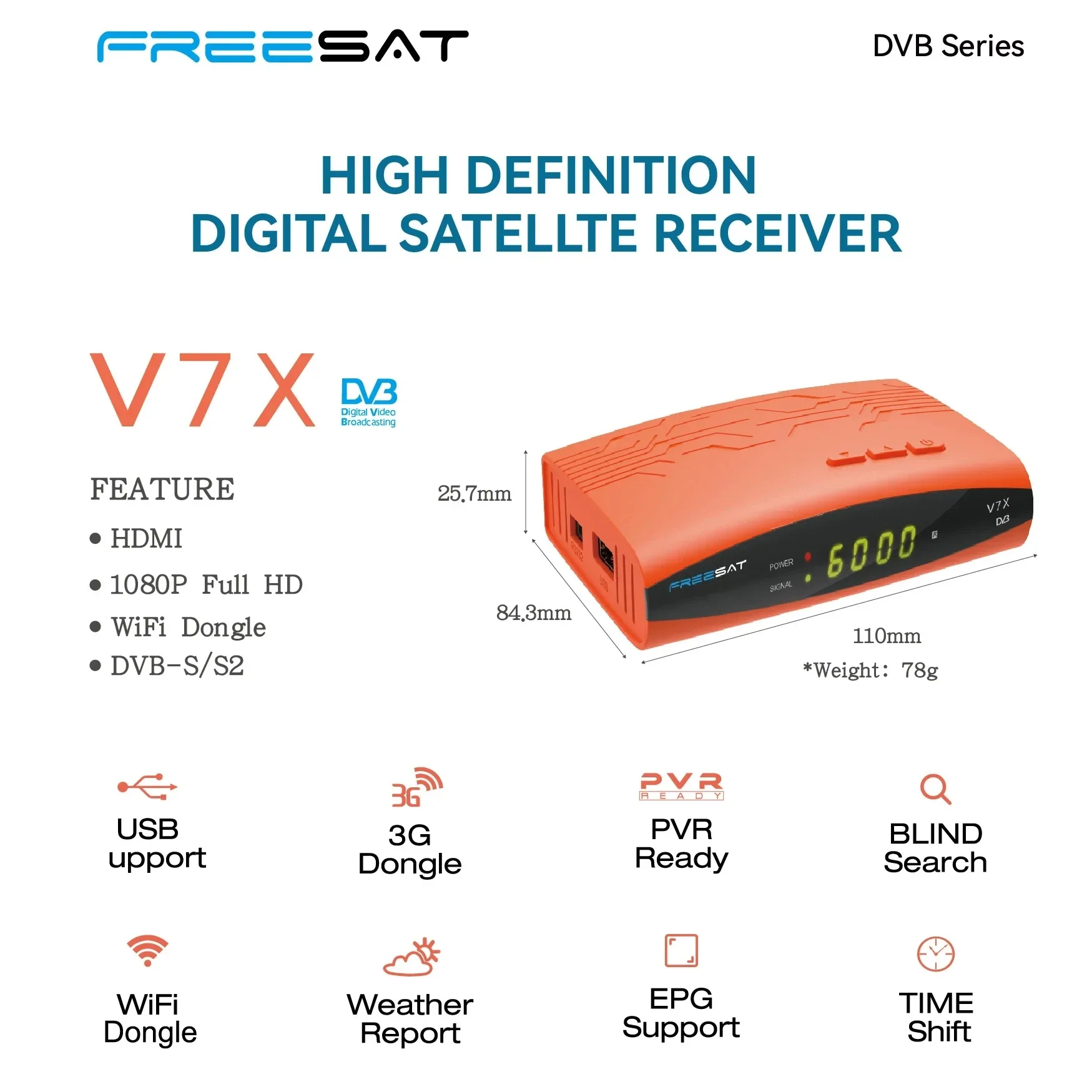 FREESAT V7X DVB-S/S2 Support B1SS P0werVu cam,Newcamd fun cam Satellite ...