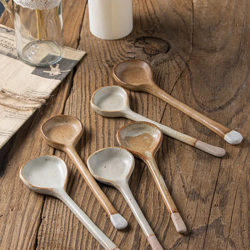 Ceramic Soup Spoon Japanese Style Creative Rough Pottery Long Handle ...