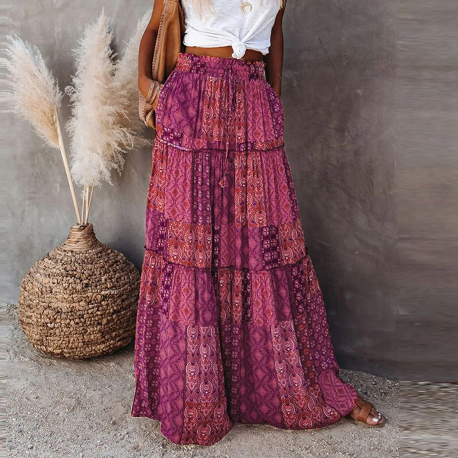 Saia-Boho-com-El-stico-na-Cintura-Feminina-Saias-Longas-e-Flowy-com ...