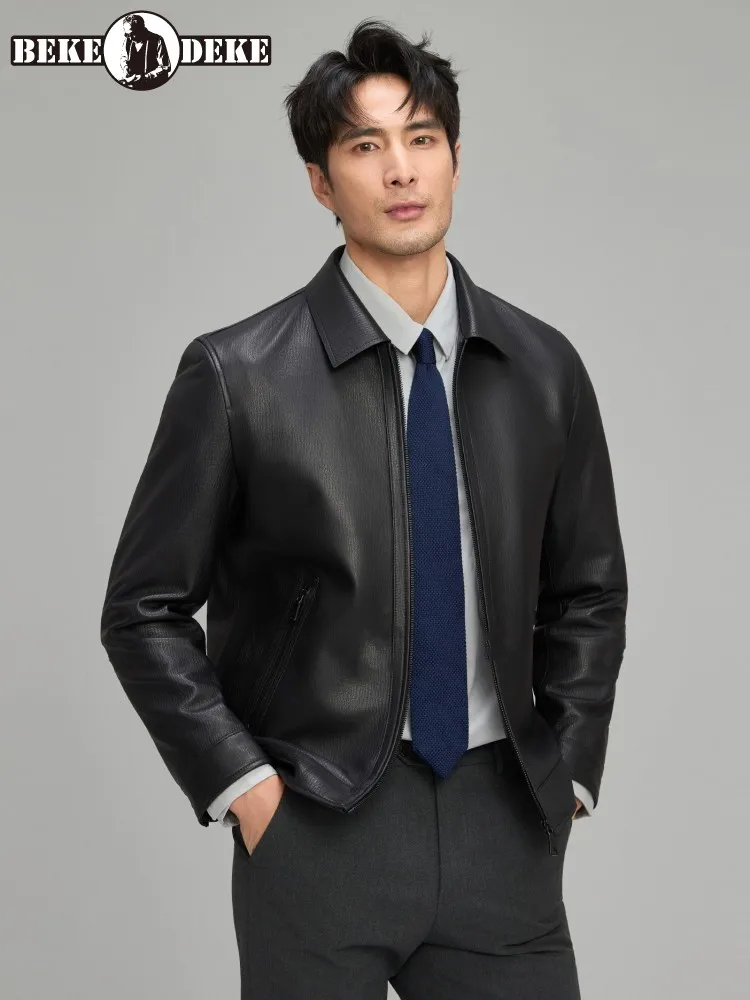 Office Men Genuine Leather Jacket Business Casual Lapel Zip Slim Fit ...