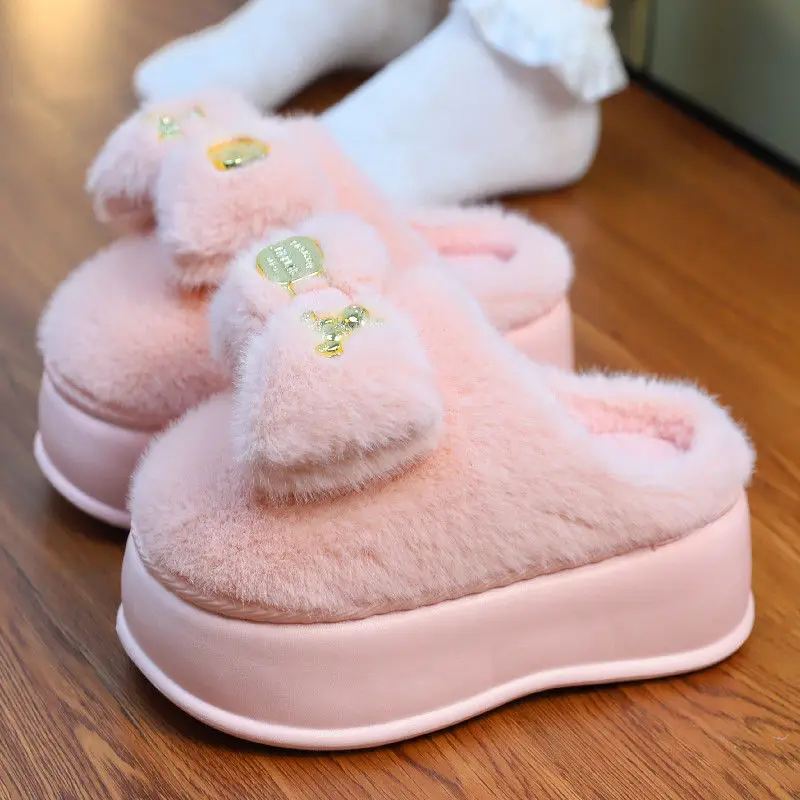 Pink-Fur-Clog-Slippers-Women-Chunky-Slides-Shoes-Thick-Plush-Non-Slip ...