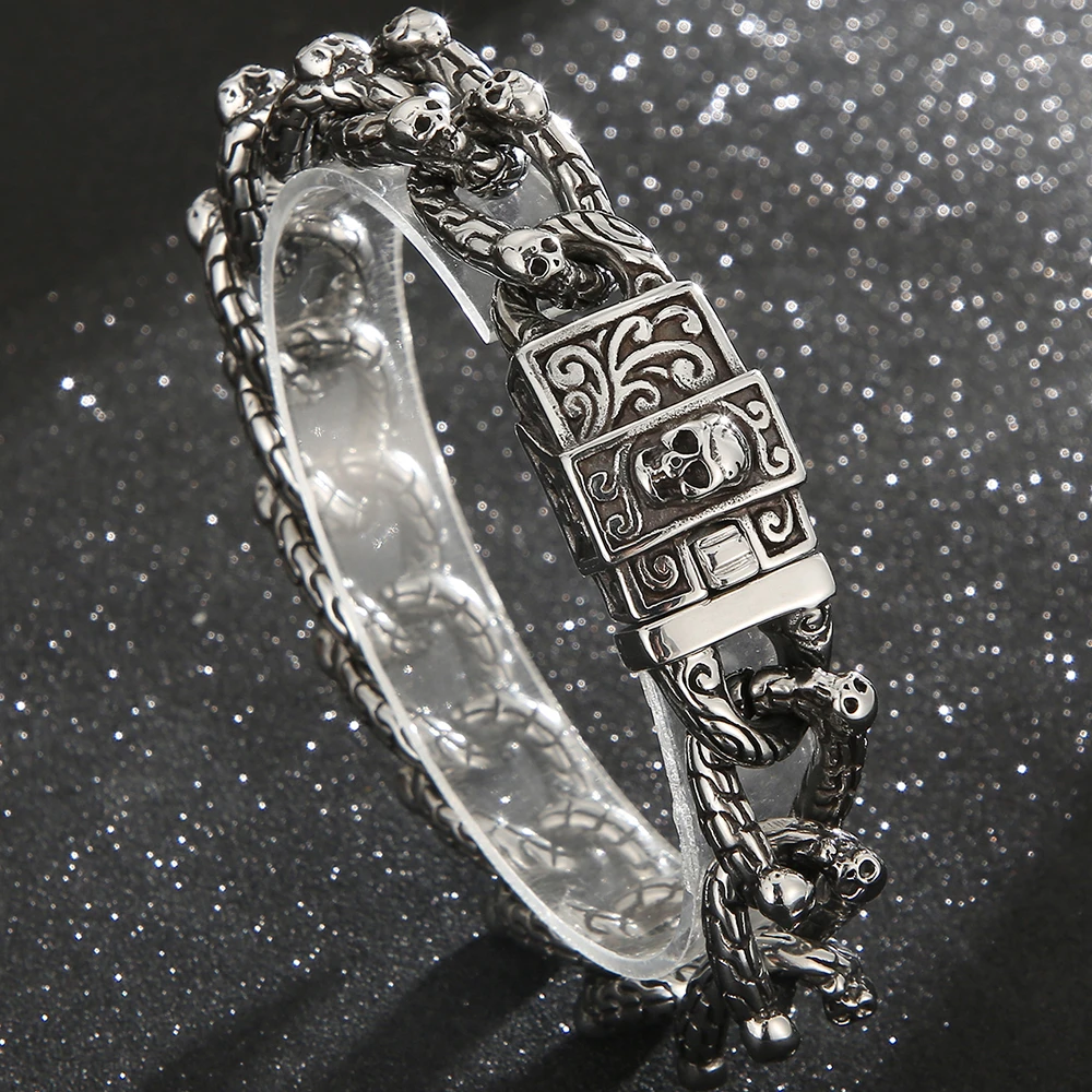Gothic Skull Bracelets for Men Punk Skeleton Head Linked Chain Bracelet ...