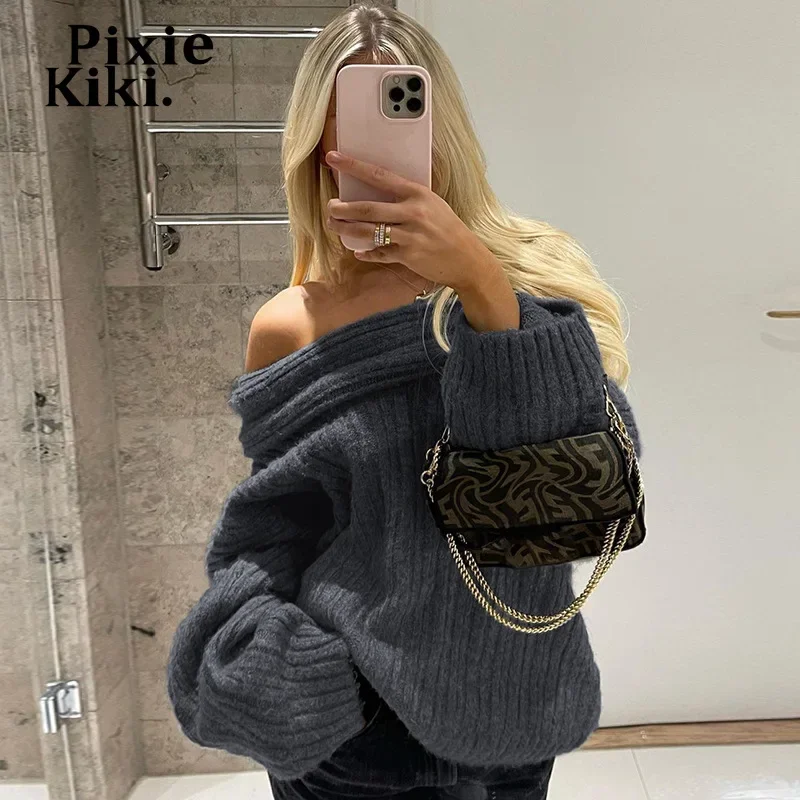 PixieKiki-Off-The-Shoulder-Oversized-Pullover-Women-Gray-Knit-Sweater-Slash-Neck-Long-Sleeve ...