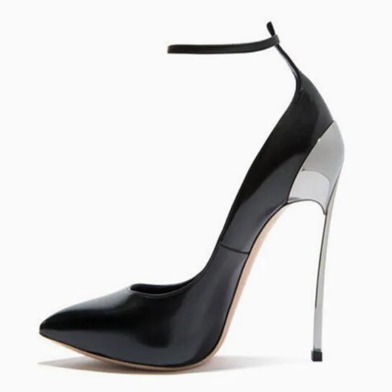 Black Matte Leather Sliver Metal Blade Thin Heels Patchwork Stiletto ...