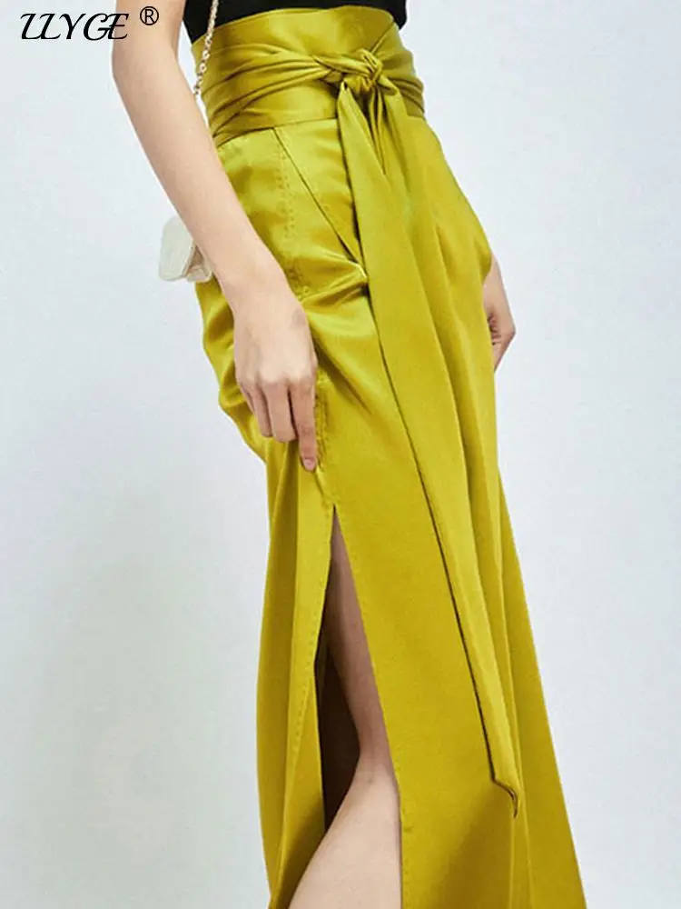 Falda-larga-de-seda-satinada-para-mujer-prenda-elegante-de-cintura-alta ...