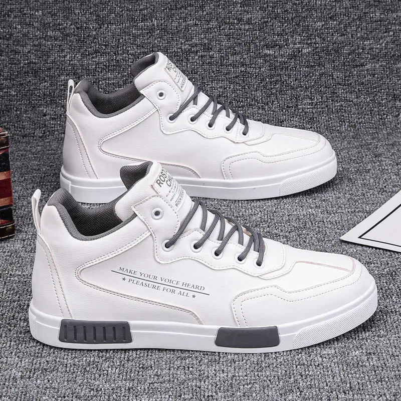white high top men sneakers lace up leather sports shoes big size 45 ...