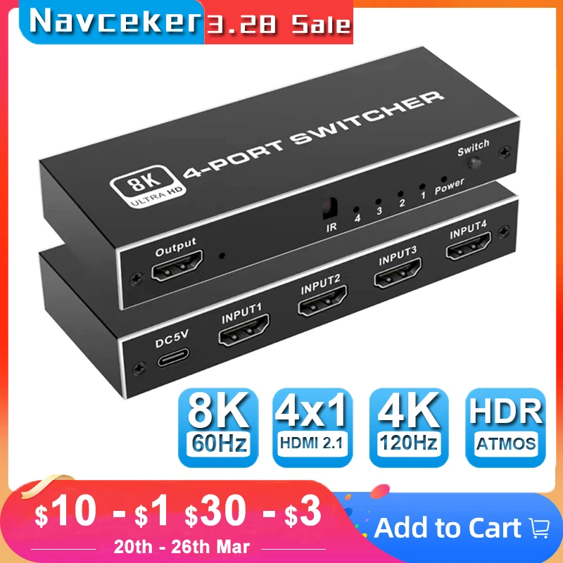 2023 Switcher HDMI 2.1 compatible 4K 120Hz 4 in 1 out 2 in 1 out 8K 60Hz Switch Splitter adapter ...
