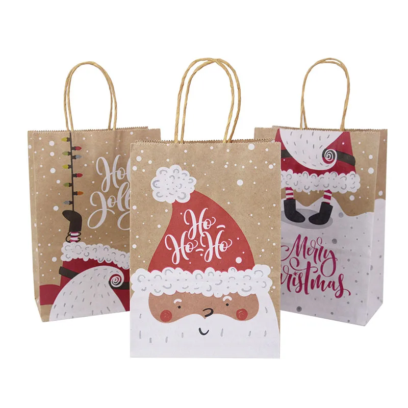 5Pcs Christmas Kraft Gift Bags Santa Snowman Xmas Tree Paper Bag Cake ...
