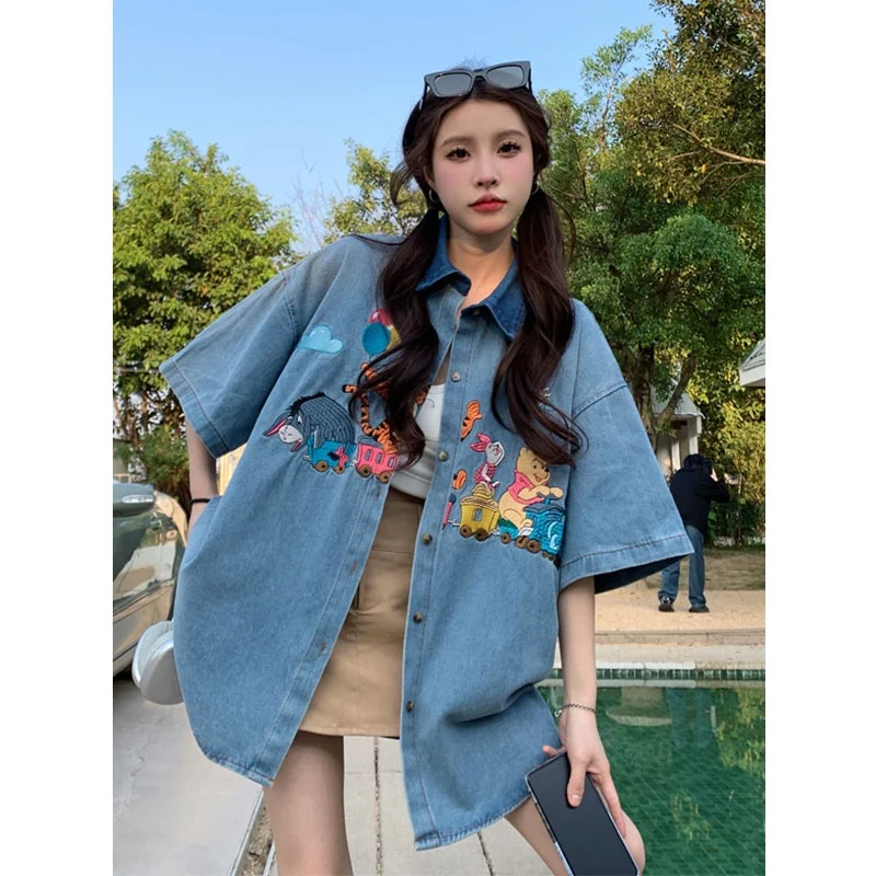 Japan-Mode-Vintage-Cartoon-bestickte-Denim-Kurzarm-hemden-Frauen-Sommer ...