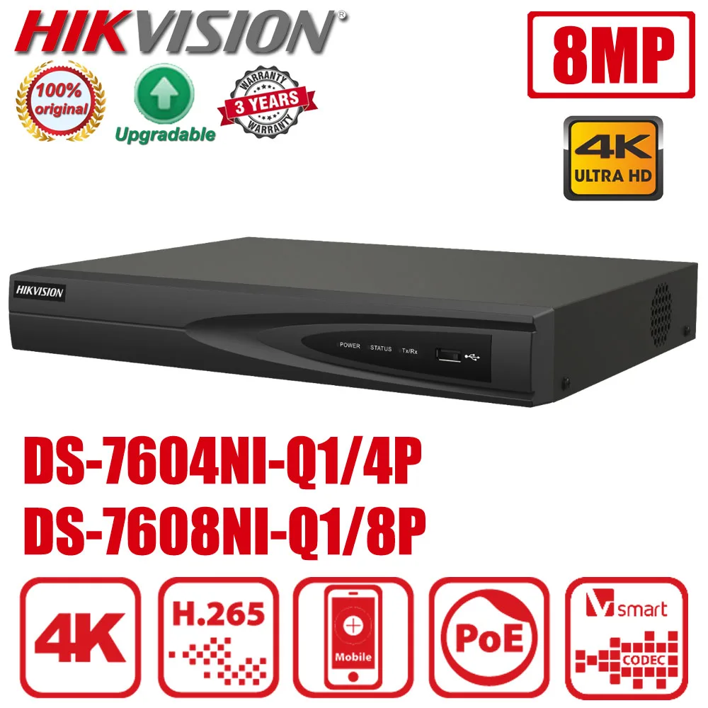Original Hikvision Ds-7608ni-q1/8p 4/8 Channel 1u 4/8poe 4k Nvr H.265 ...