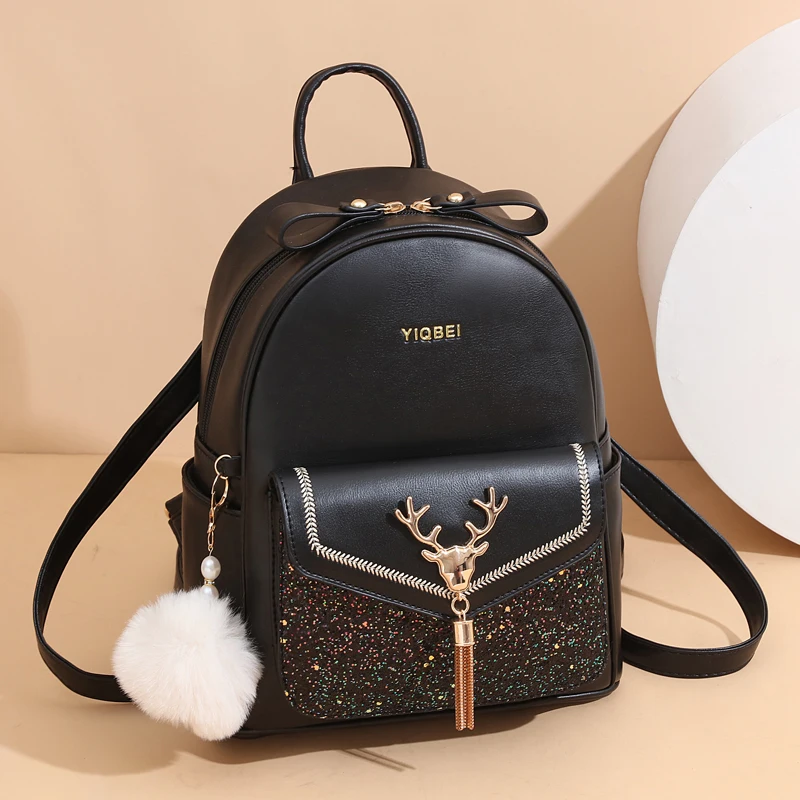 Sequins-Double-Zipper-Backpack-Purse-Casual-Plush-Ball-Tassel-Decor ...