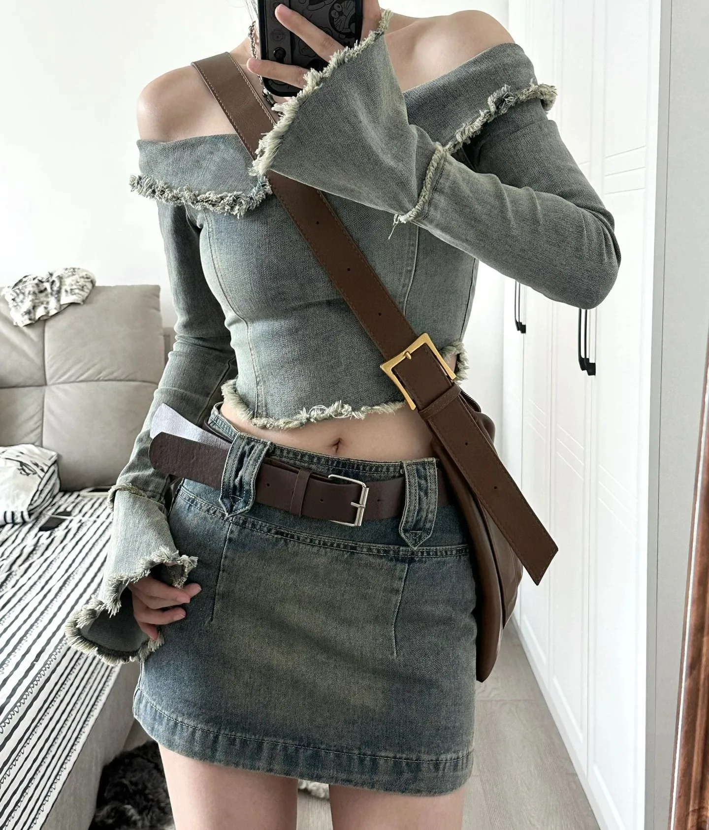 Women-Off-Shoulder-Denim-Crop-Tops-Slash-Neck-Long-Flare-Sleeve-Jeans ...