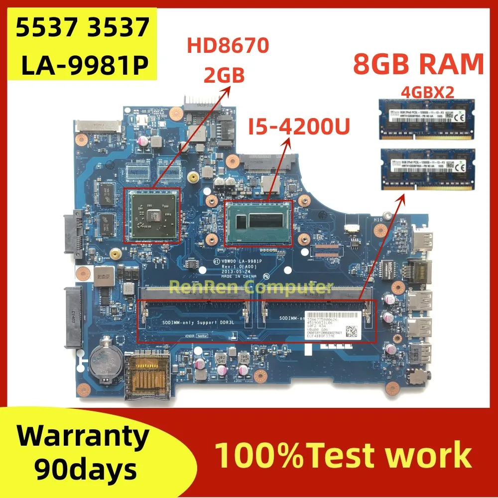Placa-mãe portátil vw00 la-9981p cn-0mxm3y para dell inspiron 15r 3537 ...
