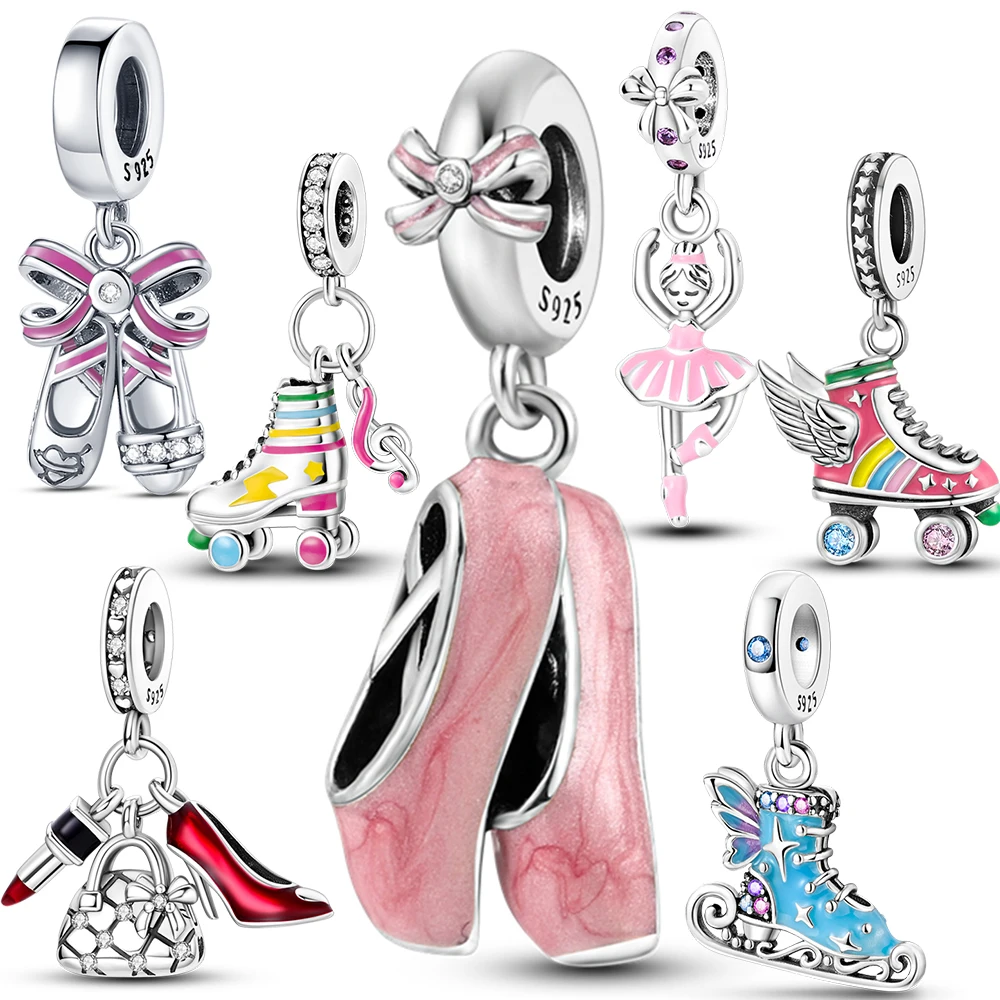 925-Sterling-Silver-Pink-Ballet-Skates-Shoes-Pendant-Heart-Charms-Fit ...