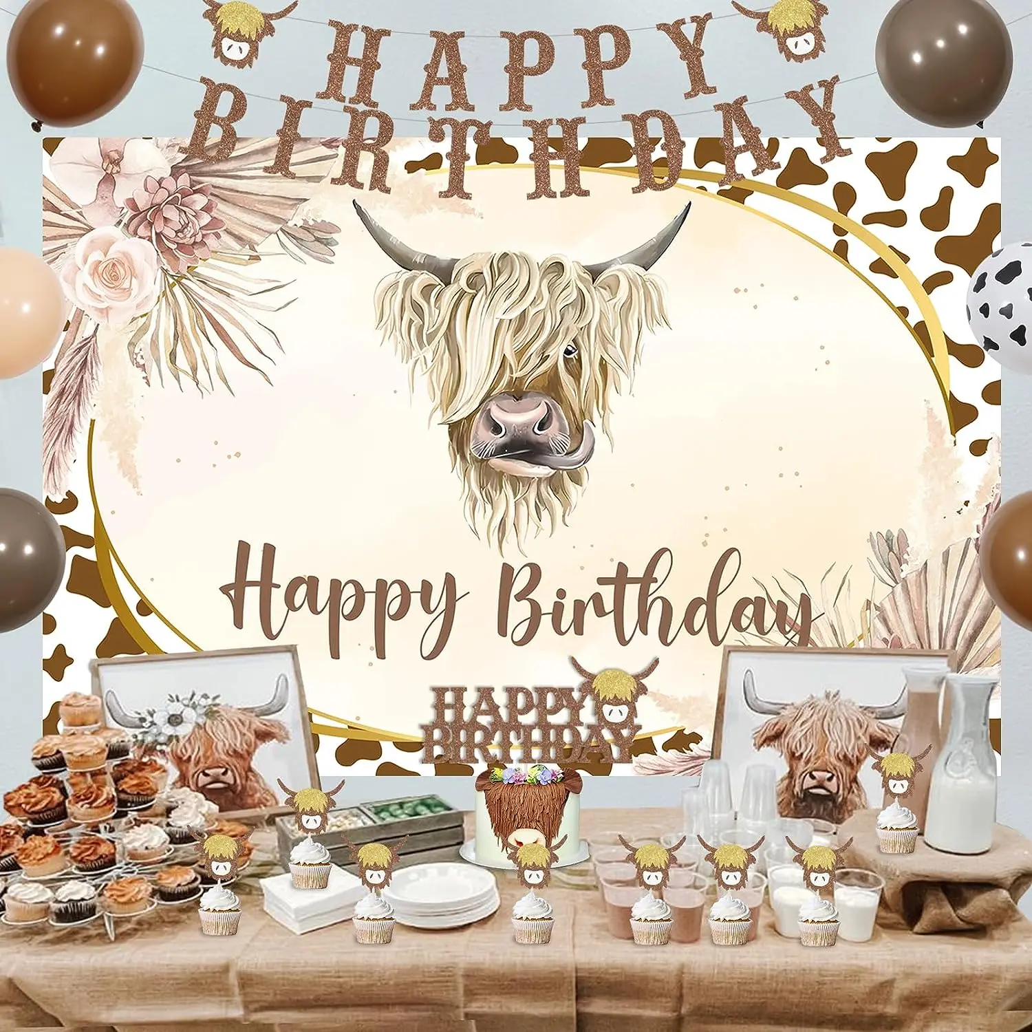 Highland Cow Theme Birthday Party Decorations, Cattle, Backdrop Banner ...