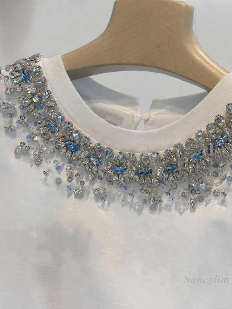 2024 New Short Sleeve Beads Rhinestones Beaded Round Neck Top Women's ...