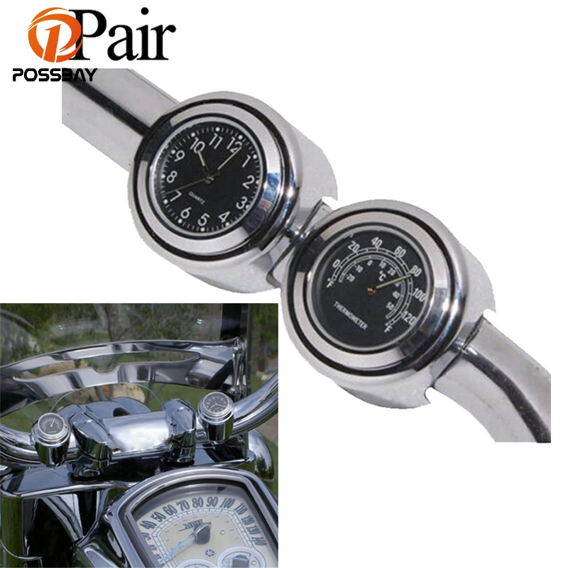 POSSBAY Motorcycle Handlebars Dial Clock Watch Thermometer Universal 7/ ...