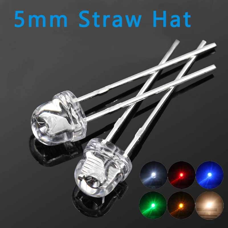 50PCS 5mm Straw Hat LED Diode Super Bright White 0.3W 0.5W 0.75W F5 ...