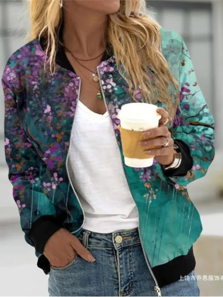 Autumn Winter Women's Long-sleeved Zipper Printed Jacket Coat New ...